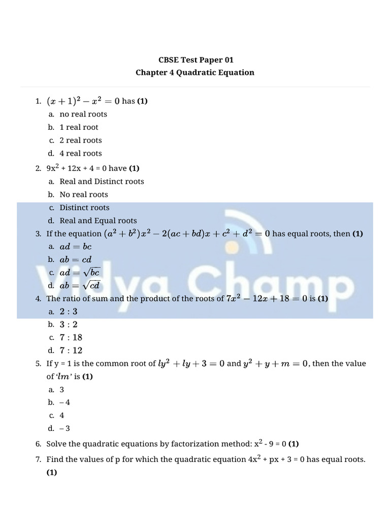 Chapter 4 Quadratic Equation | PDF | Quadratic Equation | Mathematical ...