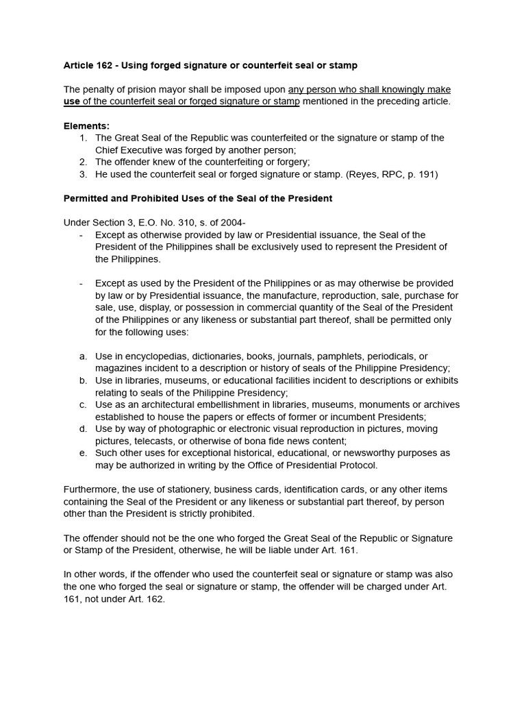 Article 162 - Using forged signature or counterfeit seal or stamp ...