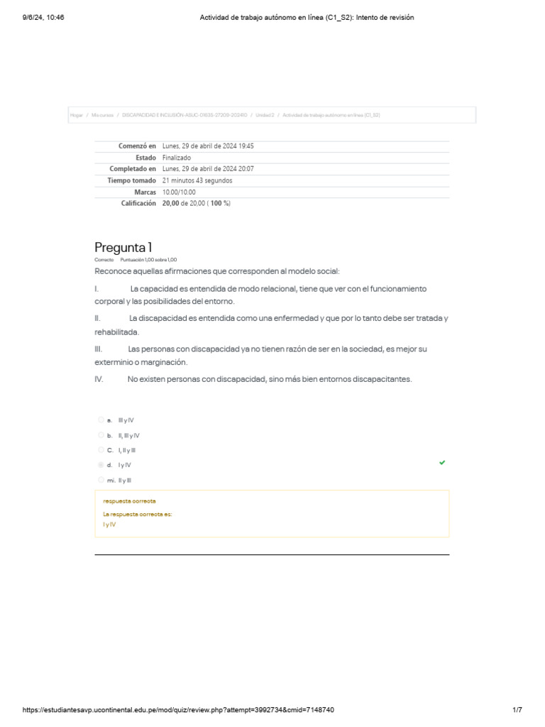 Actividad de Trabajo Autónomo en Línea (C1 - S2) - Intento de Revisión | PDF | Invalidez ...