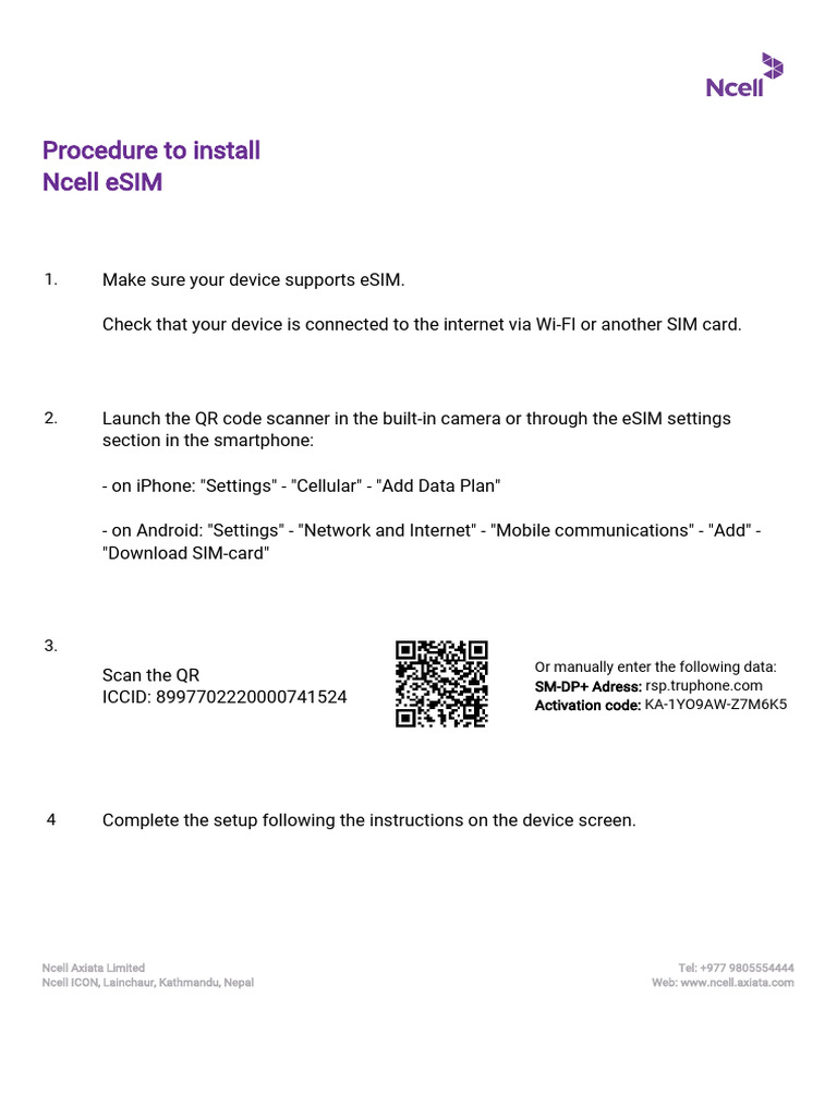 Procedure To Install Ncell eSIM: or Manually Enter The Following Data ...