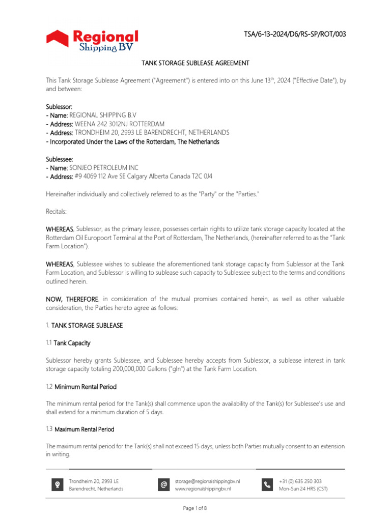 Executed Tsa - Tank Storage Agreement - d6 | Download Free PDF | Lease ...