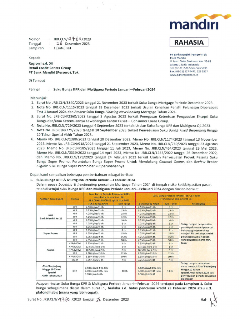 S.JRB - CLN.4760.2023 Suku Bunga KPR Dan Multiguna Periode Januari-Februari 2024 | PDF