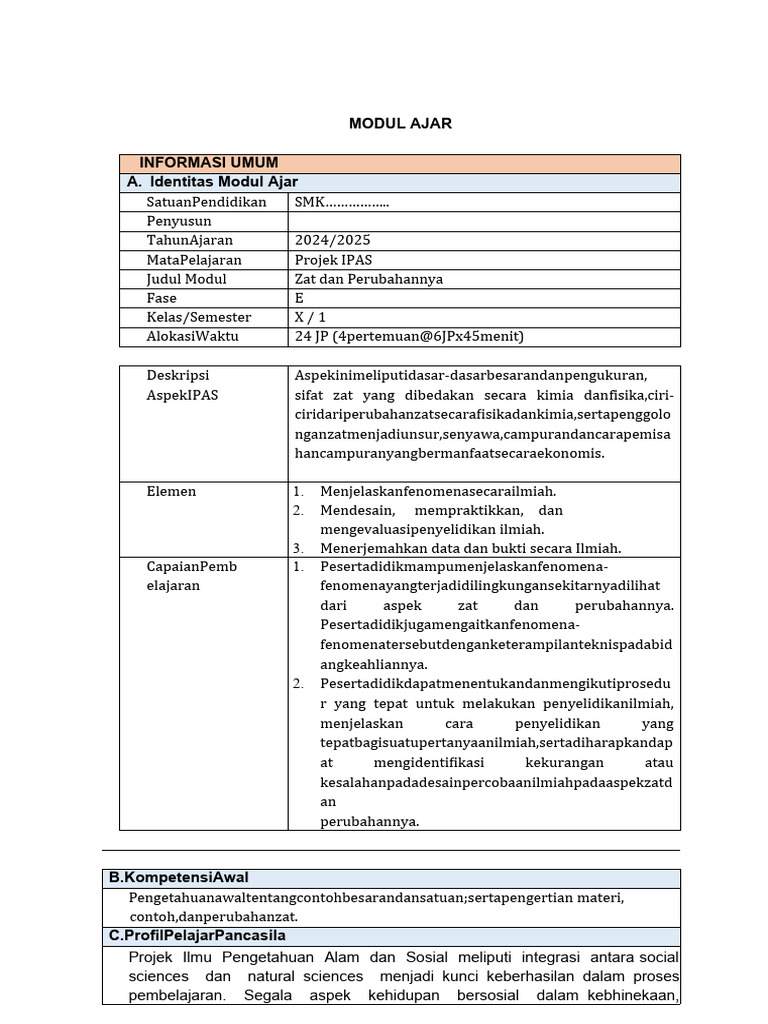 Modul Ajar Projek Ipas - 1 | PDF