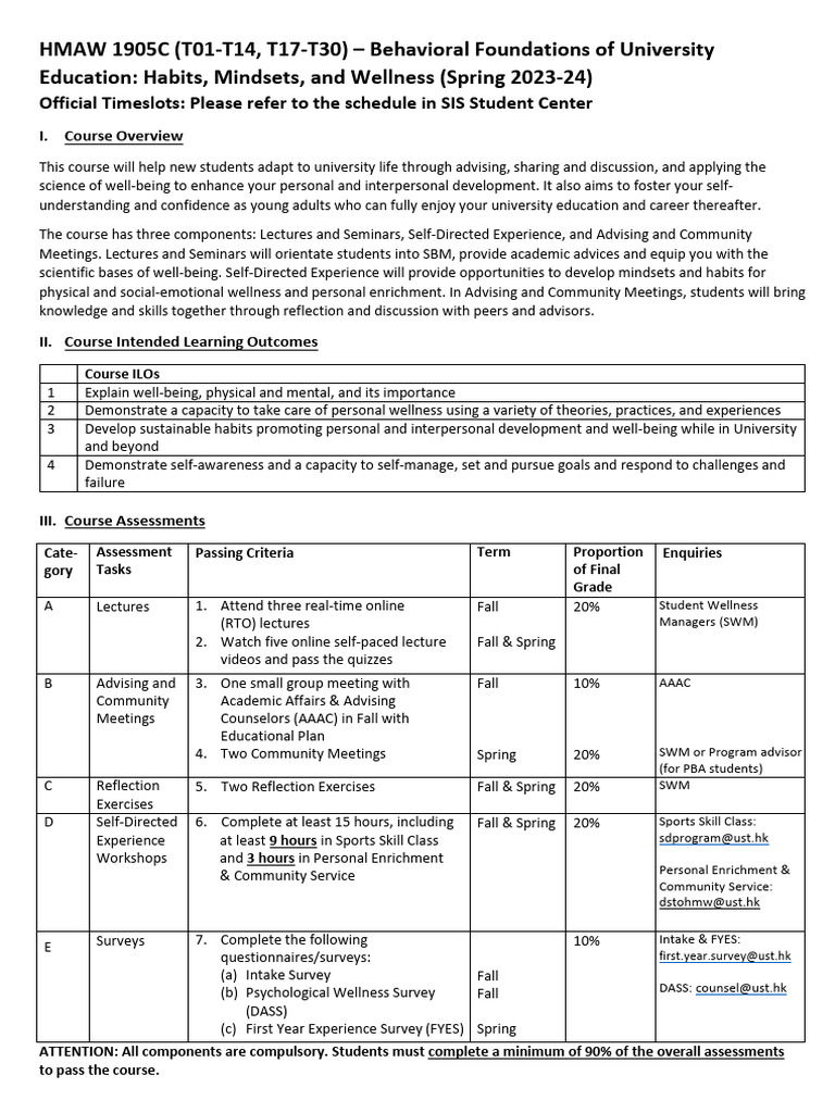 (HMAW1905C, Spring 2023-24) Course Outline (T01-T14, T17-T30) (Updated 20240115) | PDF | Mindset ...
