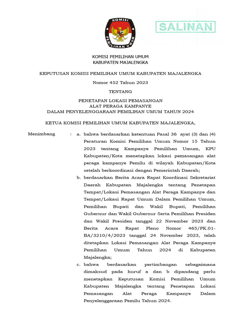 Salinan SK Nomor 452 Tahun 2023 Penetapan Lokasi Pemasangan Alat Peraga ...