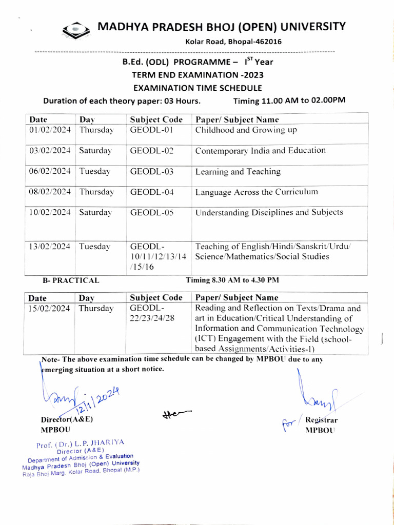 B Ed DEl Ed 2023 Time Table | PDF | Pedagogy | Learning