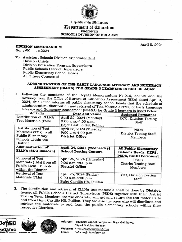 Division Memorandum No 178 S 2024 | PDF
