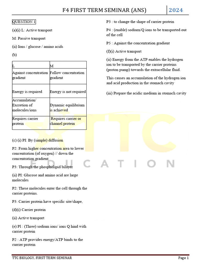 F4 Midterm Seminar Ans (Student) | PDF | Osmosis | Cell Membrane