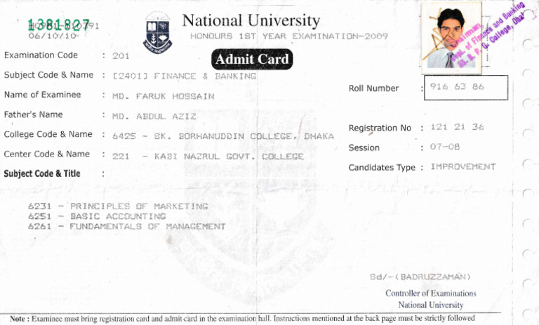 Hon's Admit Card 1st Year Improvement | PDF