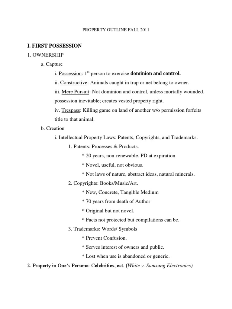 Property Outline Fall 2011 | PDF | Adverse Possession | Possession (Law)