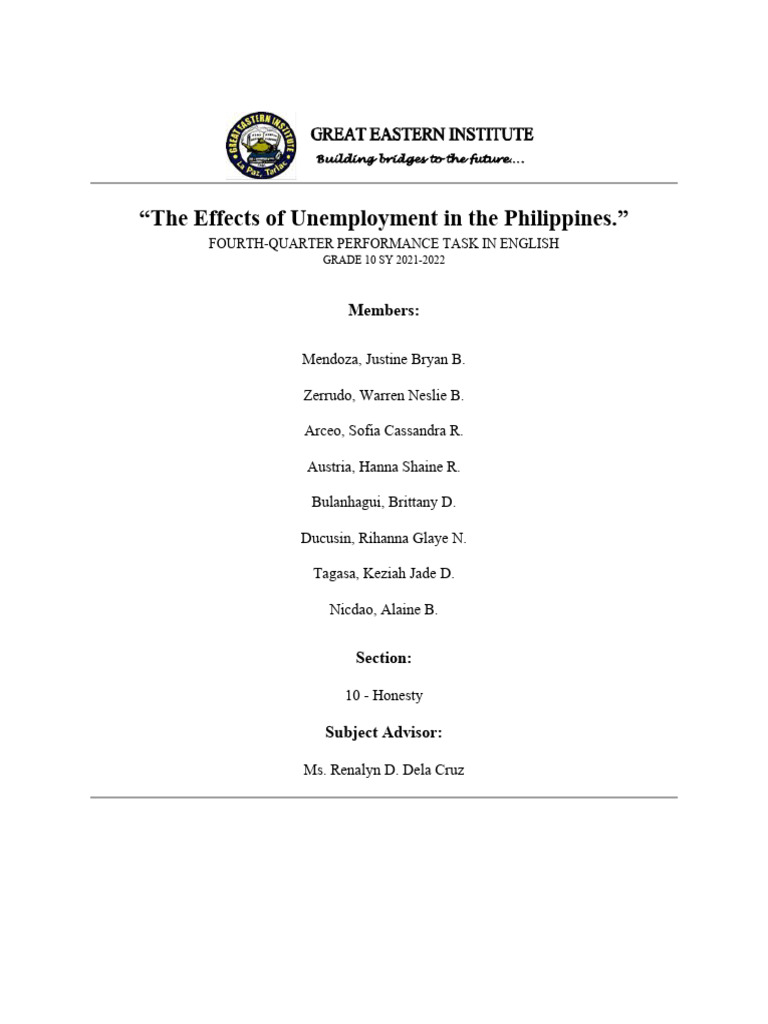 G1 4th QTR PERFORMANCE TASK IN ENGLISH 10 | PDF | Unemployment | Self ...