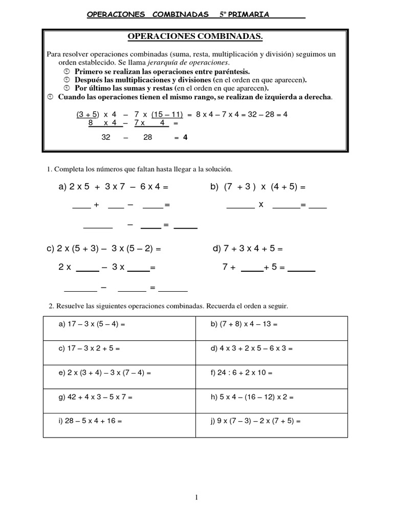 Operaciones Combinadas 5º Primaria | PDF | Matemática Elemental ...