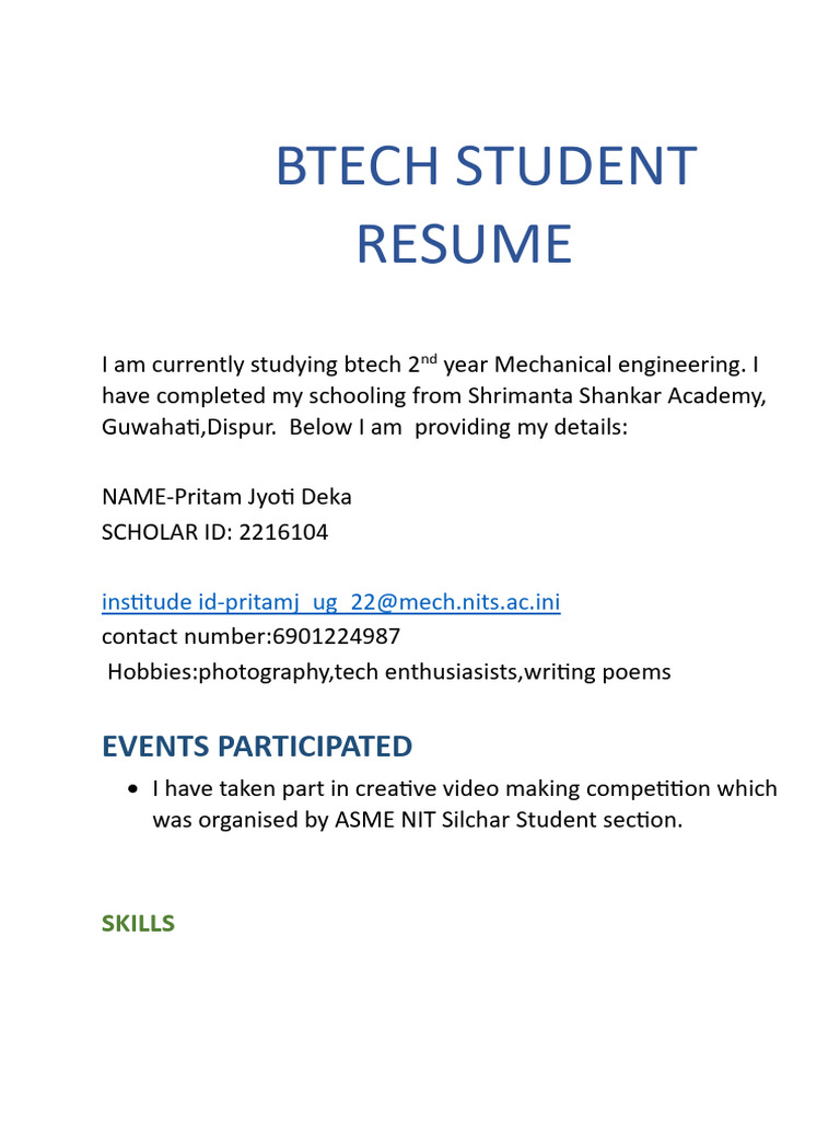 BTech Mechanical Engineering Student Resume | PDF