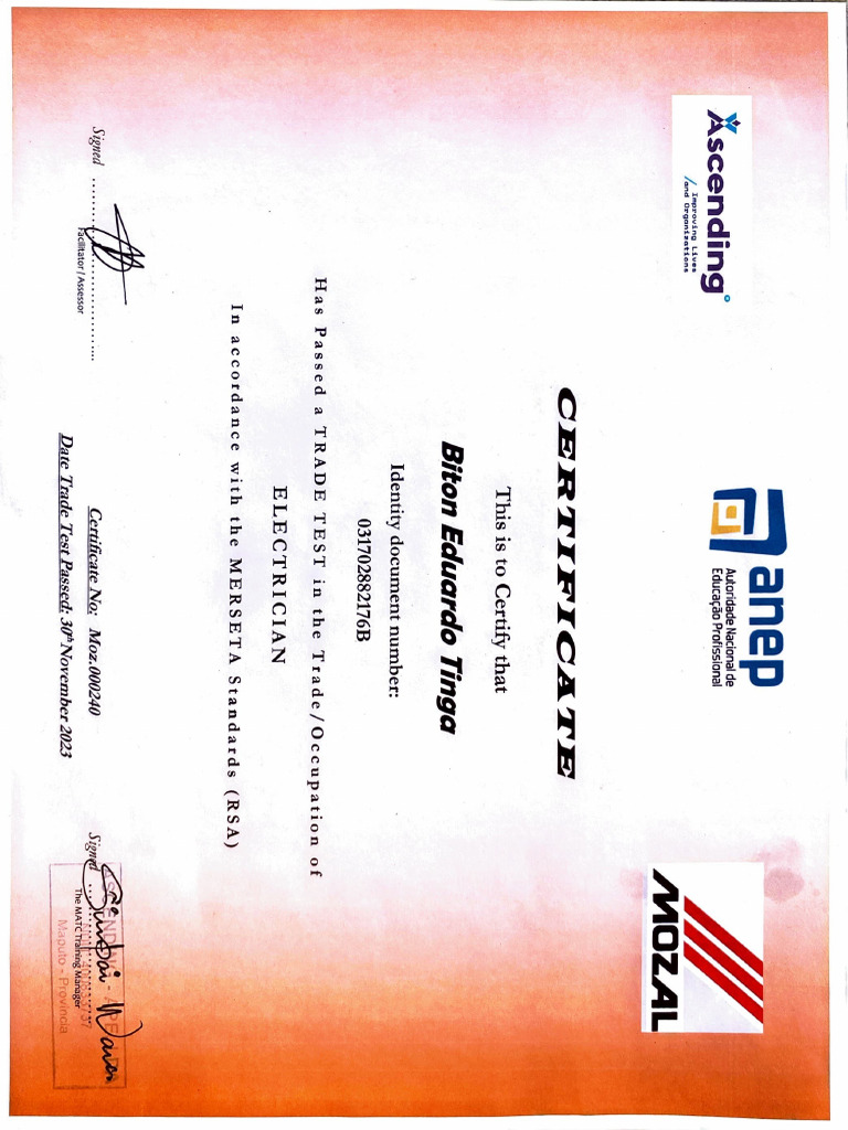 Trade Test Certificate - Biton Tinga | PDF | Relay | Electrical Engineering