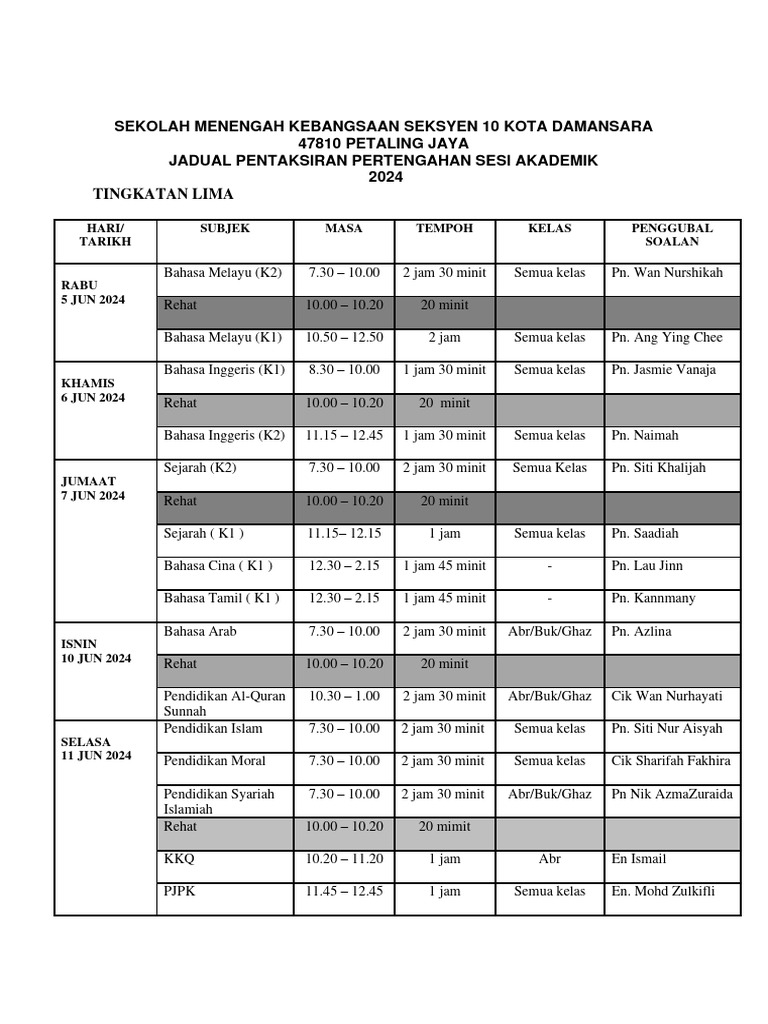 Sekolah Menengah Kebangsaan Seksyen 10 Kota Damansara 47810 Petaling Jaya Jadual Pentaksiran ...