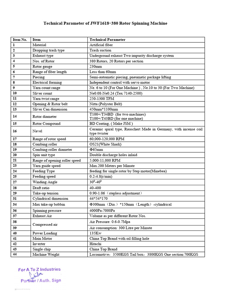 Revised A To Z TDS For JWF1618-380 Rotor Spinning MC - 220427 | Download Free PDF | Spinning ...