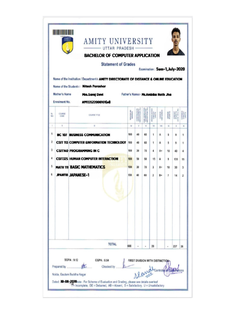 BCA Semester 1 Marksheet | PDF
