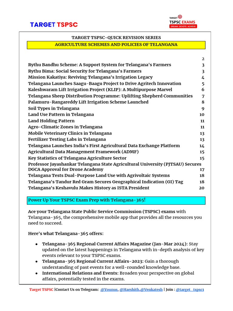 Agriculture Schemes and Policies of Telangana - Target TSPSC | PDF | Agriculture