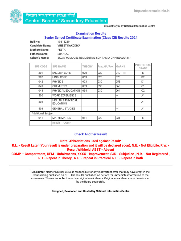 CBSE Class 12 Result 2024 for Vineet Kakodiya | PDF | Educational ...