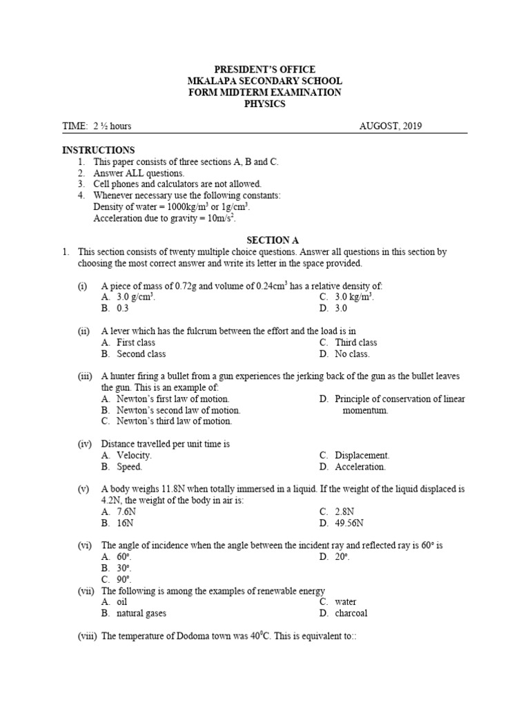 Physics Midterm Form Two 2019 | PDF | Acceleration | Density