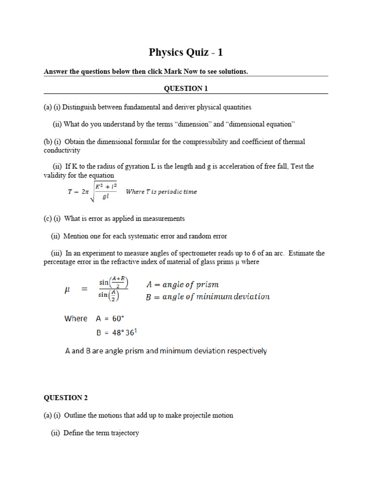 Physics Quiz - 1 | PDF | Continuum Mechanics | Classical Mechanics