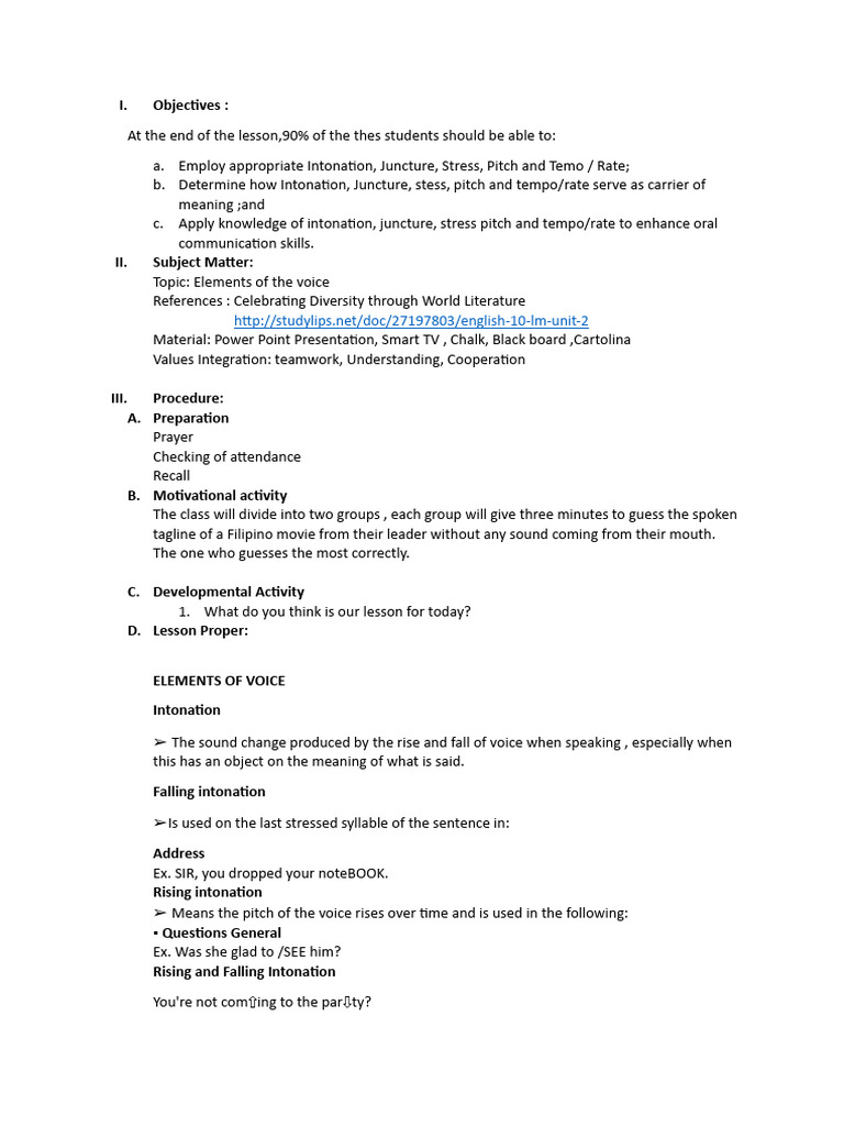 Lesson Plan (elements) | PDF | Stress (Linguistics) | Linguistics