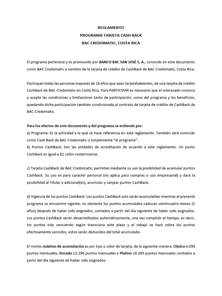 Reglamento Del Programa Cash Back Bac Credomatic - Junio 2022 v.1 | PDF | Tarjeta de débito ...