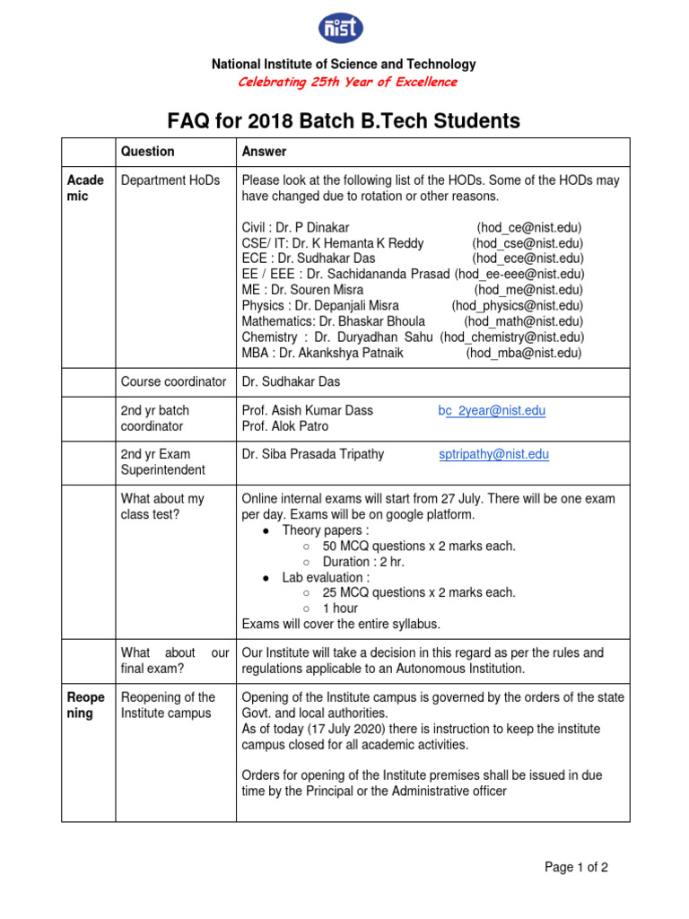 FAQ For 2018 Batch B.Tech Students: Celebrating 25th Year of Excellence | Download Free PDF ...