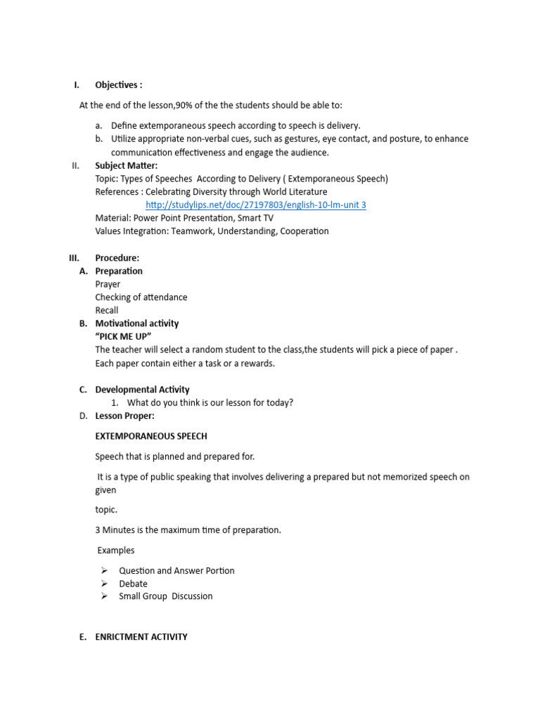 Lesson Plan (Extemporaneous) | Download Free PDF | Improvisation | Speech