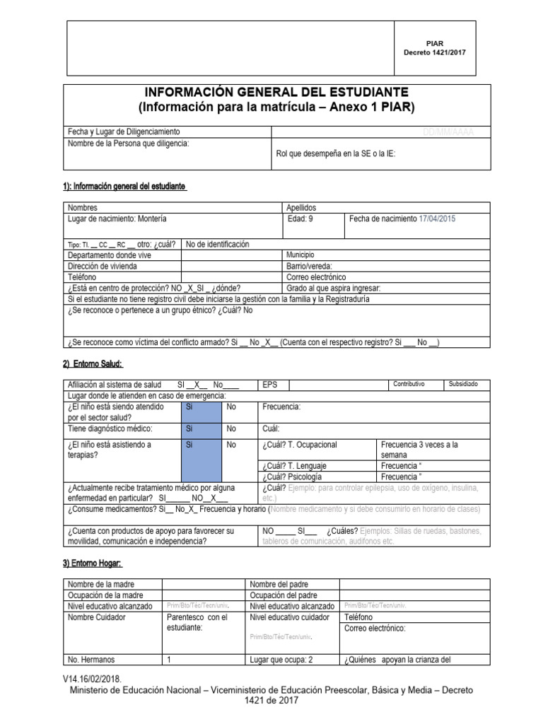 Formato Piar | PDF | Educación de la primera infancia