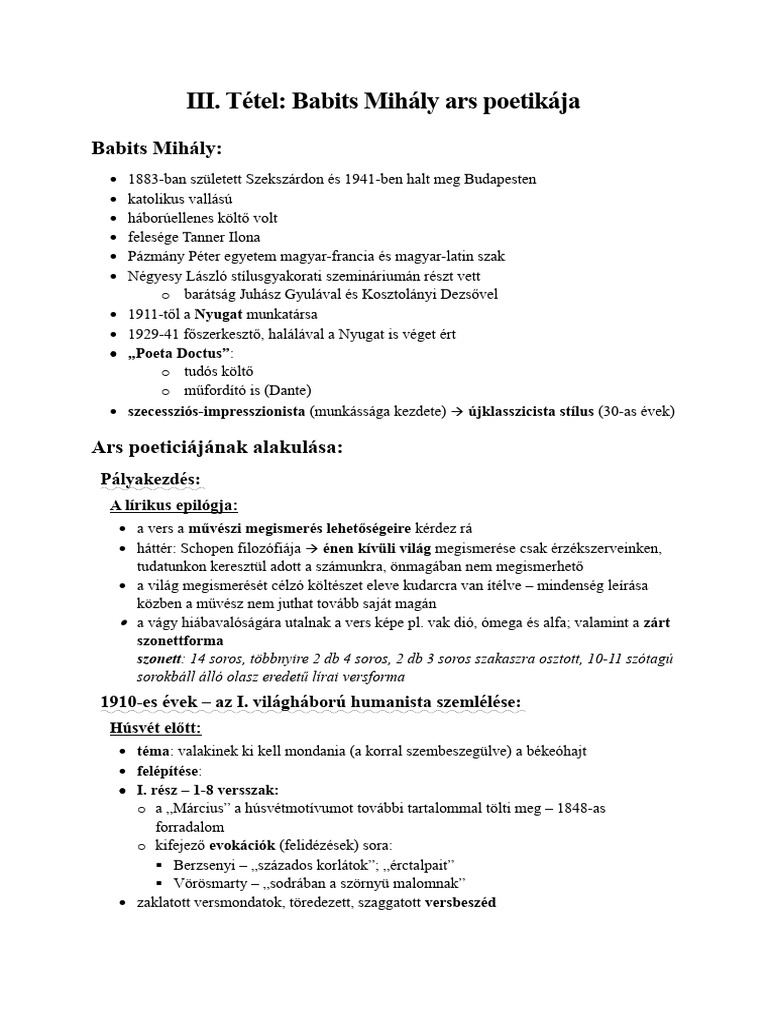 Tétel Babits Mihály Ars Poetikája | PDF