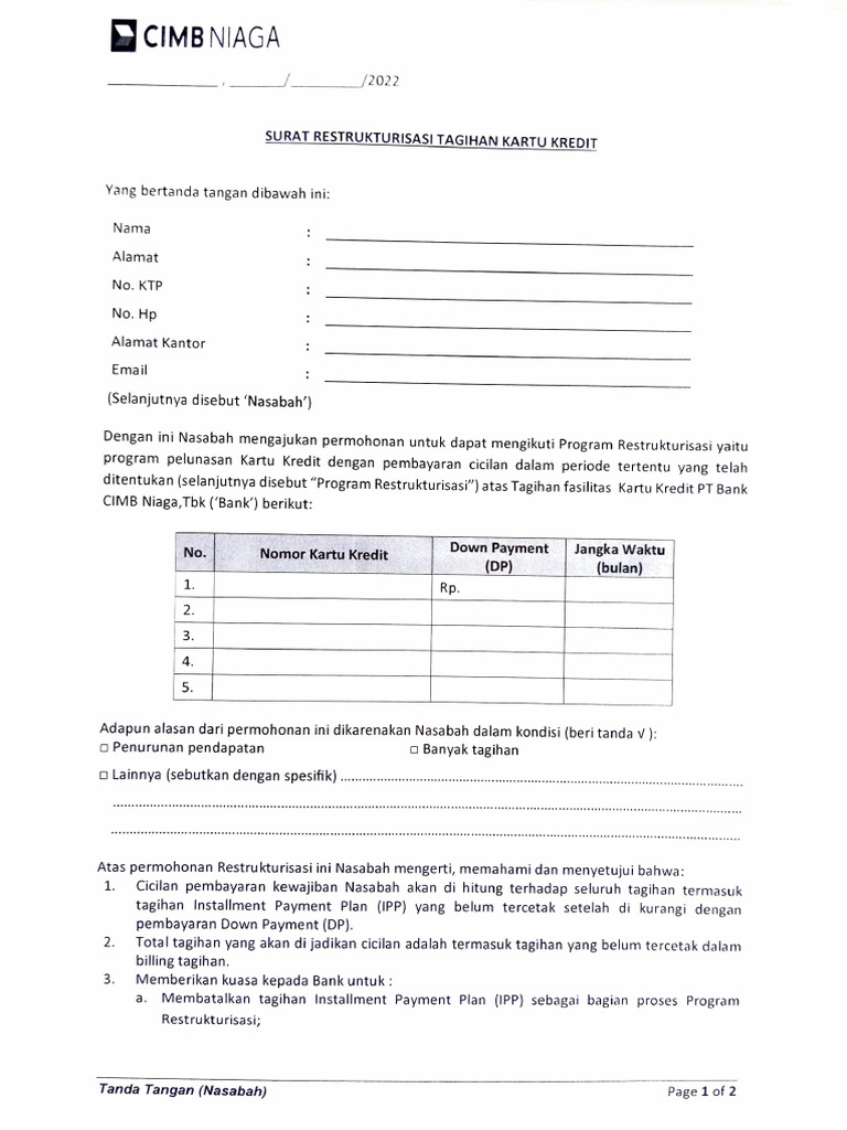 Contoh Surat Restrukturisasi Kartu Kredit CIMB Niaga | PDF