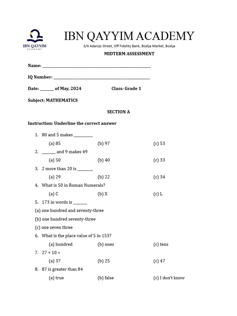 Grade 1 Math Mid Term Assesment (Edit) - 030710 - 045606 | PDF ...