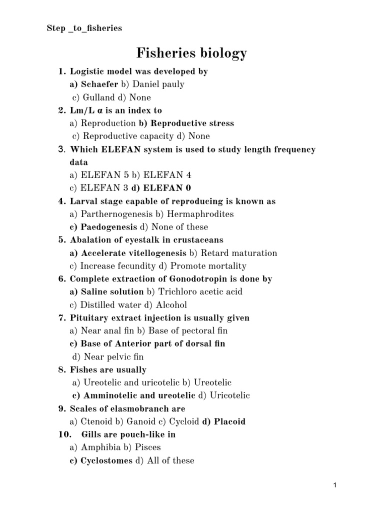 Fisheries Biology 1 Ans Key | PDF | Fish | Sharks