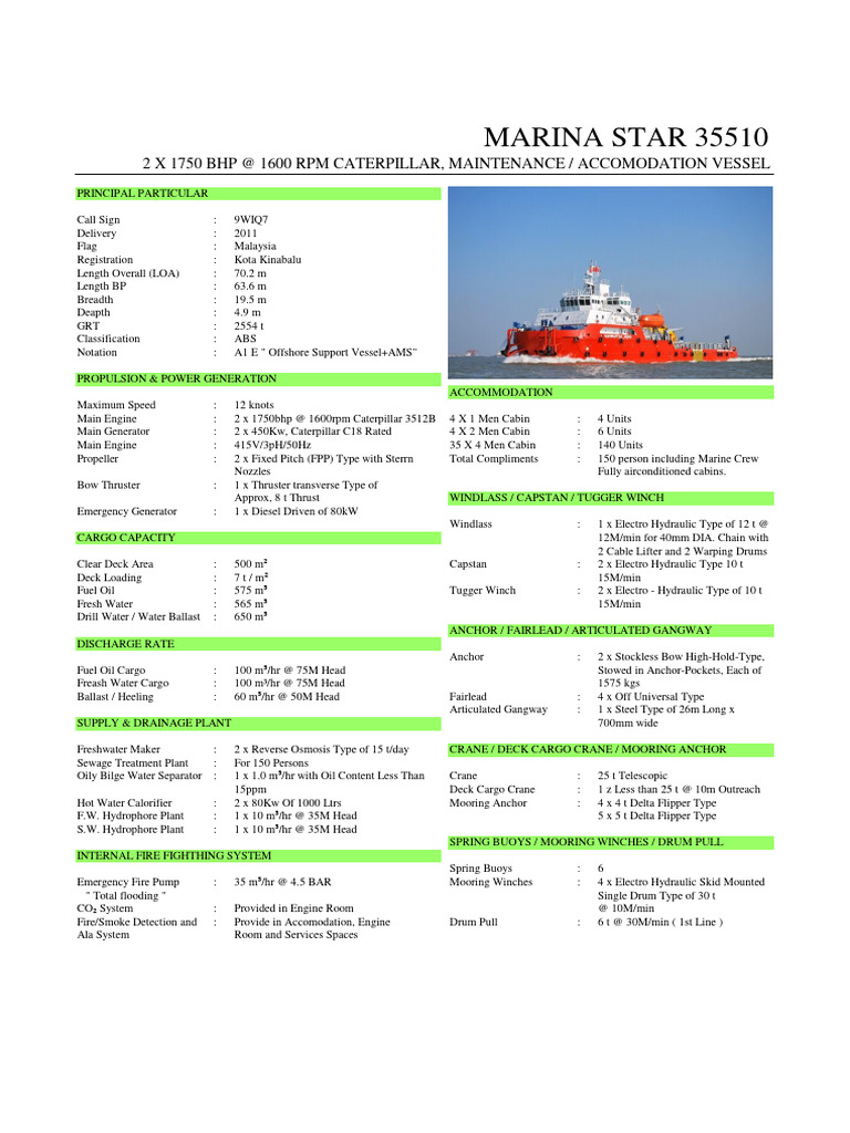 Marina Star 35510 Vessel Specifications | PDF | Marine Propulsion | Anchor