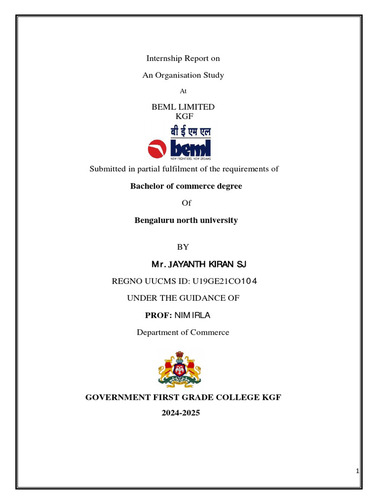 JAYANTH KIRAN SJ BEML REPORT Final | PDF | Business