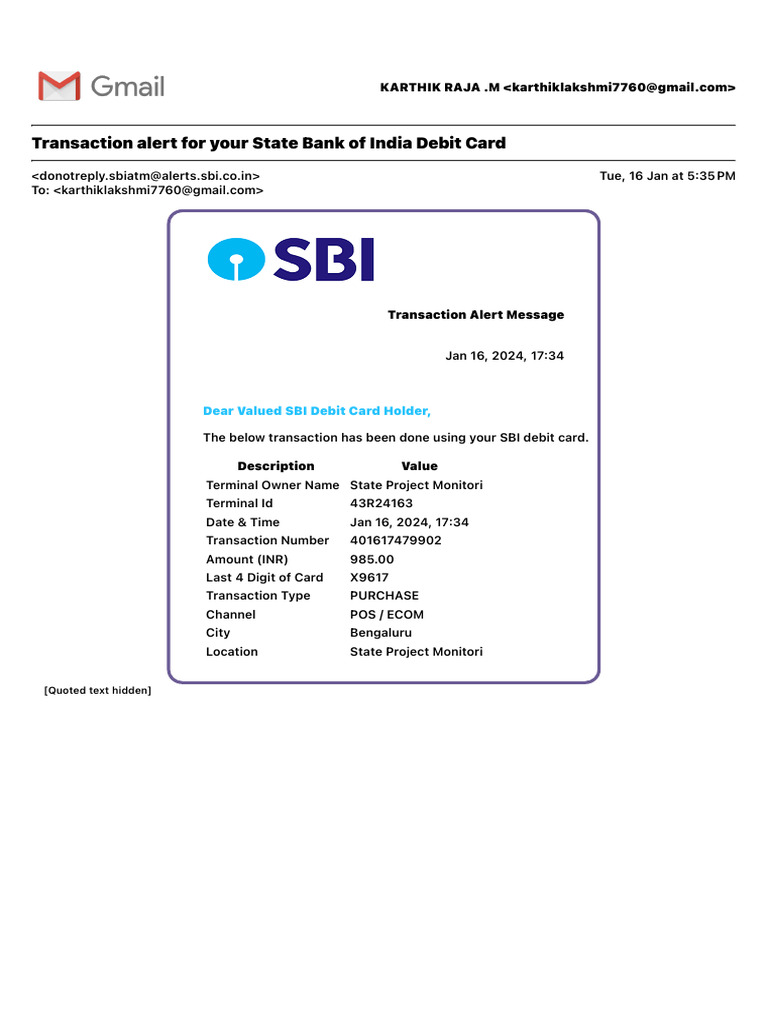 Transaction Alert For Your State Bank of India Debit Card | PDF