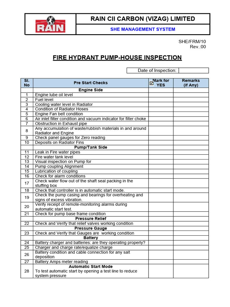 SHE-FRM-10 Fire Hydrant Pumphouse Inspection | PDF | Pump | Engines