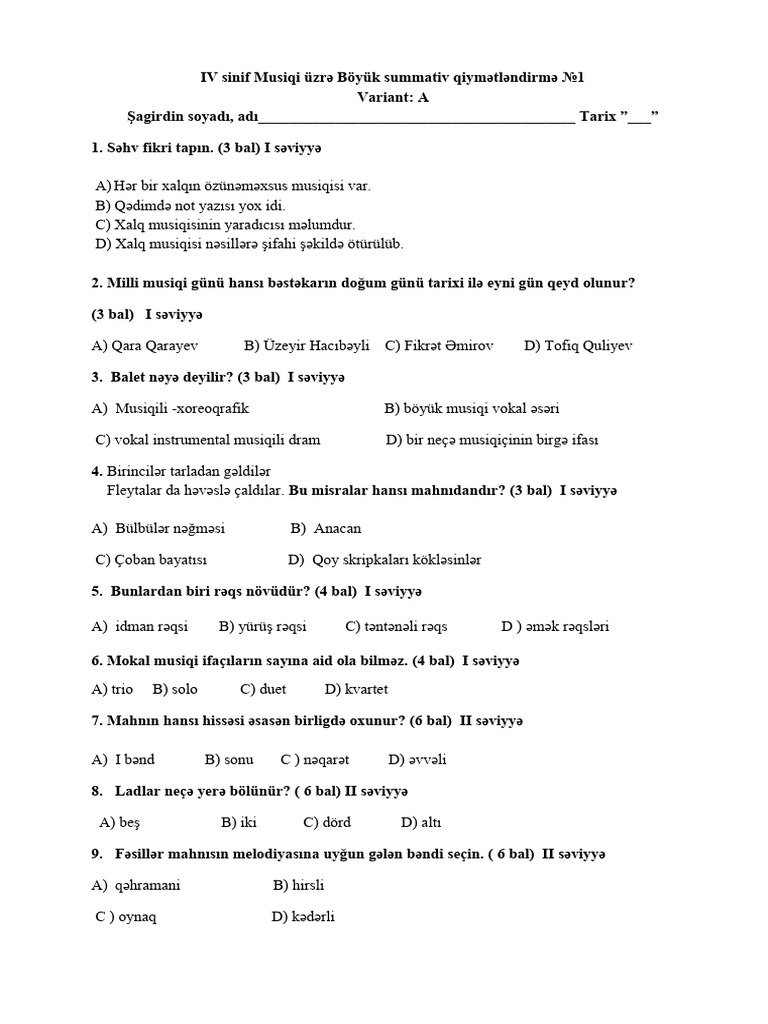 4-Cü Sinif Musiqi BSQ 1 R.sevinc | PDF