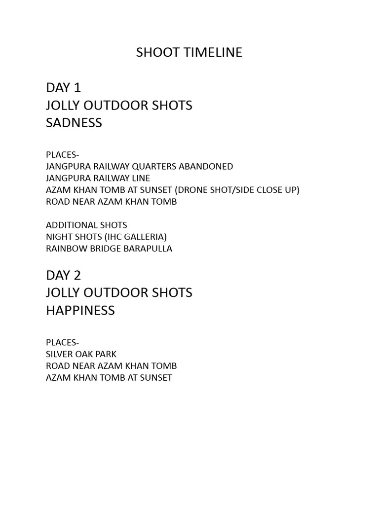Shoot Timeline for Outdoor and Indoor Shots | PDF | Art | History