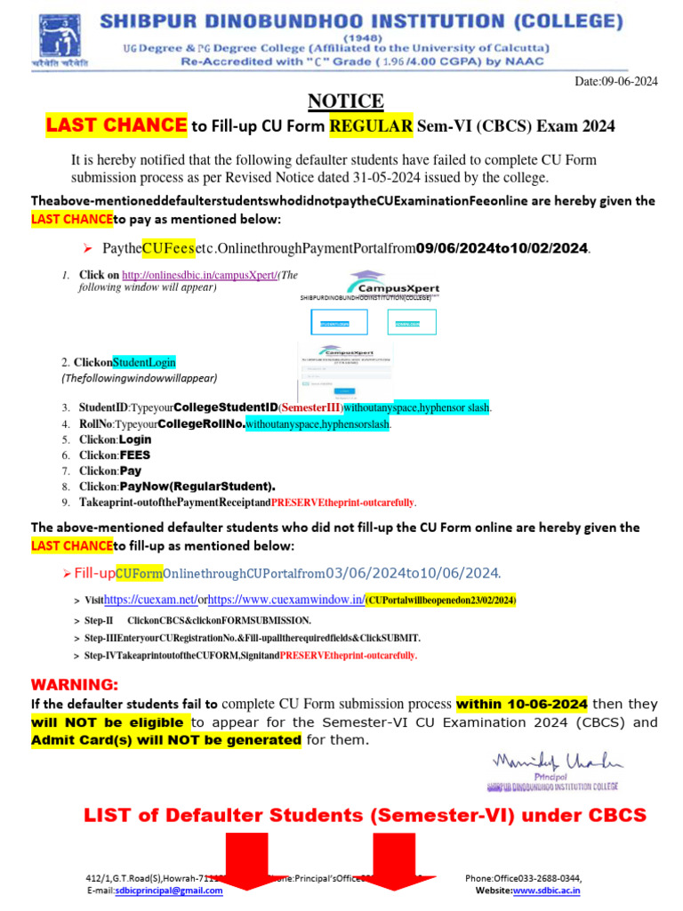 9527notice - Defaulters - CU Form Fill-Up - REGULAR - Sem - VI - CBCS - 9 June 2024 | PDF