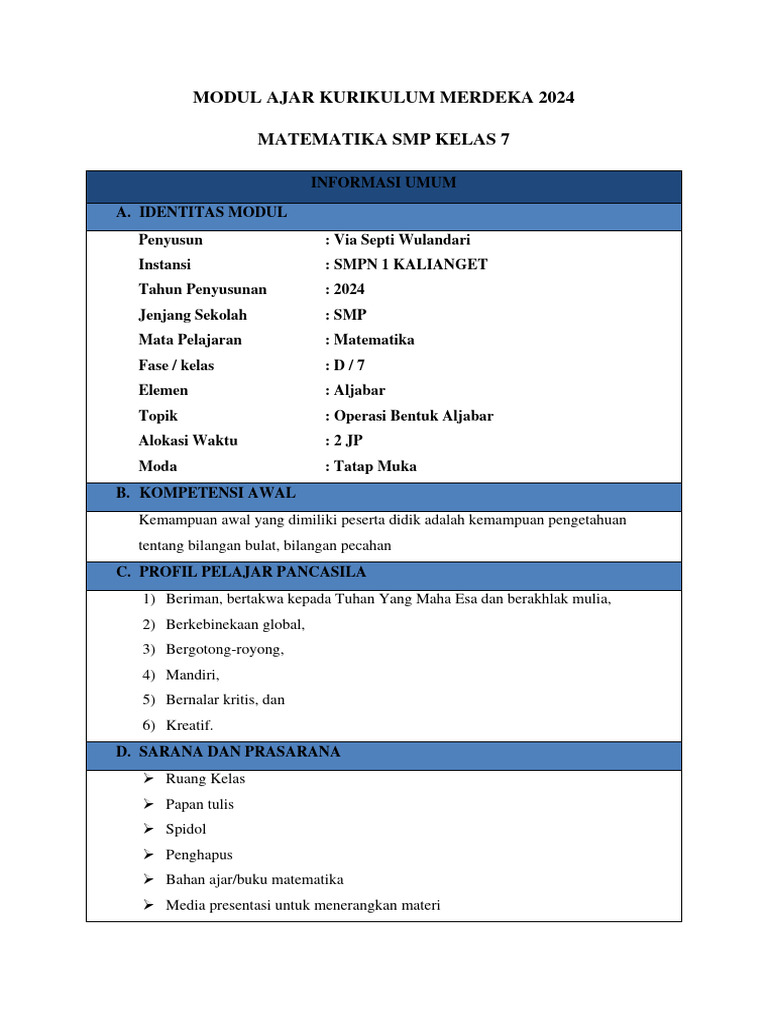 MODUL AJAR KURIKULUM MERDEKA 2024 (Via Septi W) Revisi | PDF