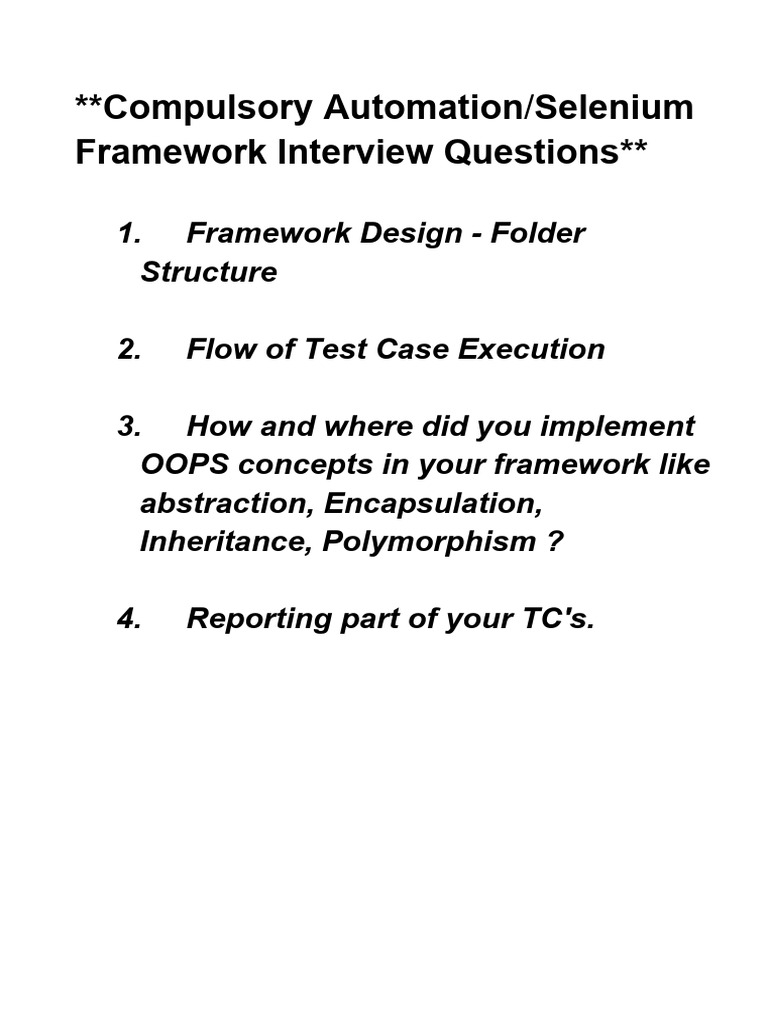 Compulsory Automation Selenium Framework Interview Questions Pdf