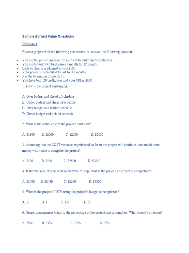 Lecture06 Sample PMP Earned Value Questions For Students 27032024 054023pm | PDF | Analysis