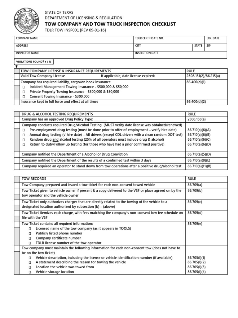Texas Tow Truck Inspection Checklist | PDF | Truck | Fee