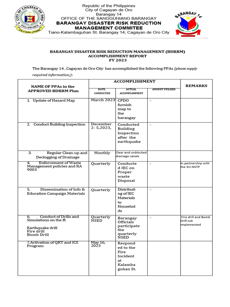 BDRRMC Accomplishment Report and Utilization of Funds | Download Free ...