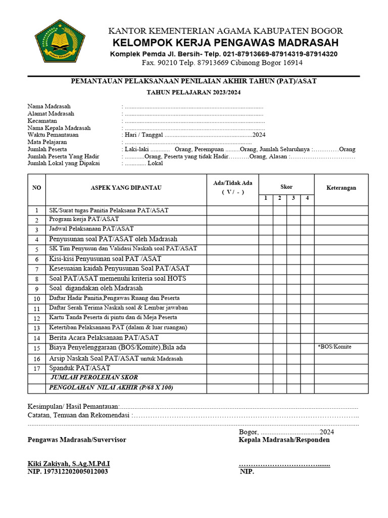 Instrumen Monev PAT-ASAT MTs MA T.P2023-2024 - KZ | PDF