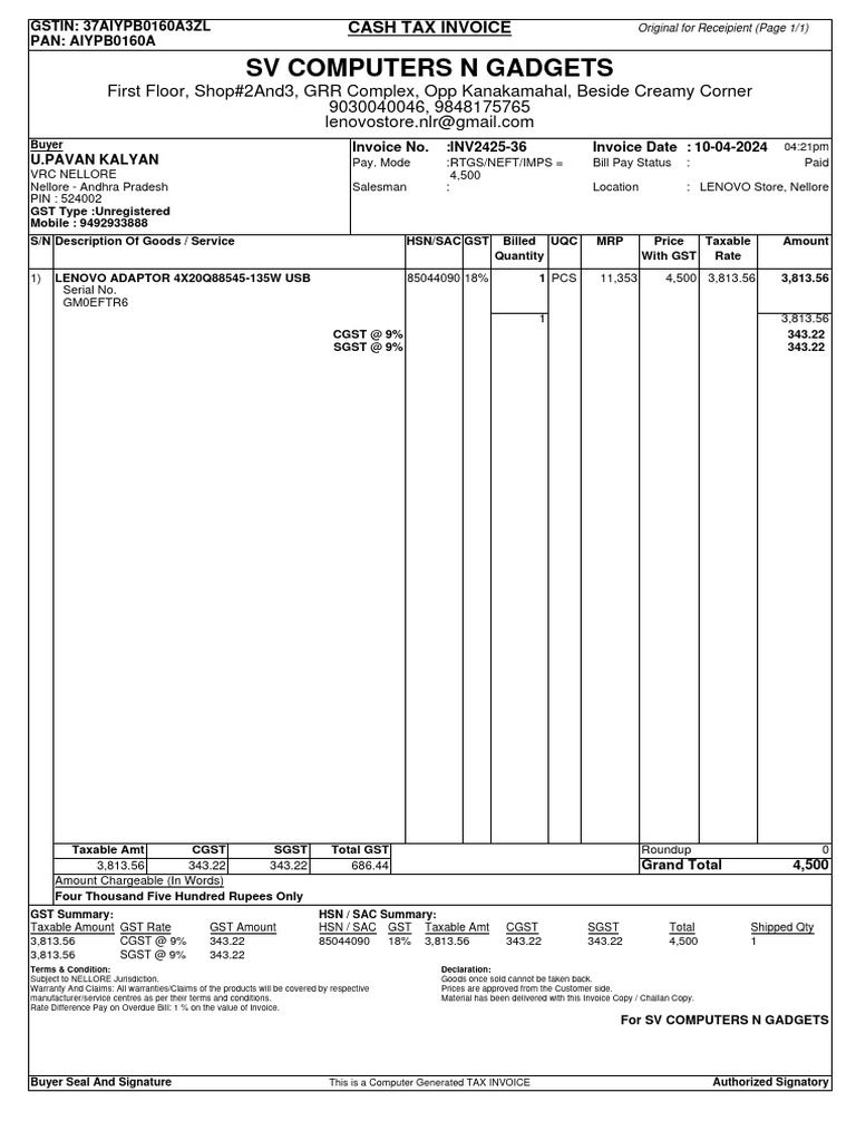 Lenovo Charger Bill | PDF | Invoice | Payments
