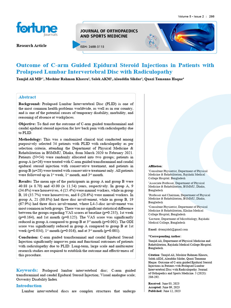 Outcome of Carm Guided Epidural Steroid Injections in Patients | PDF ...