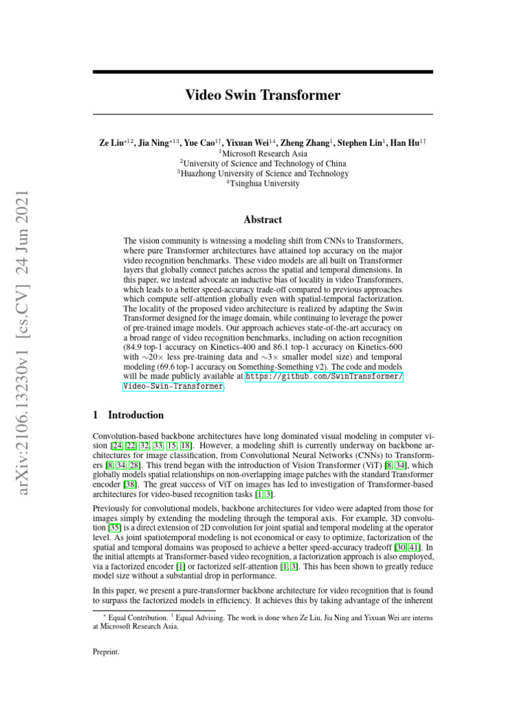 Video Swin Transformer | PDF | Applied Mathematics | Computing